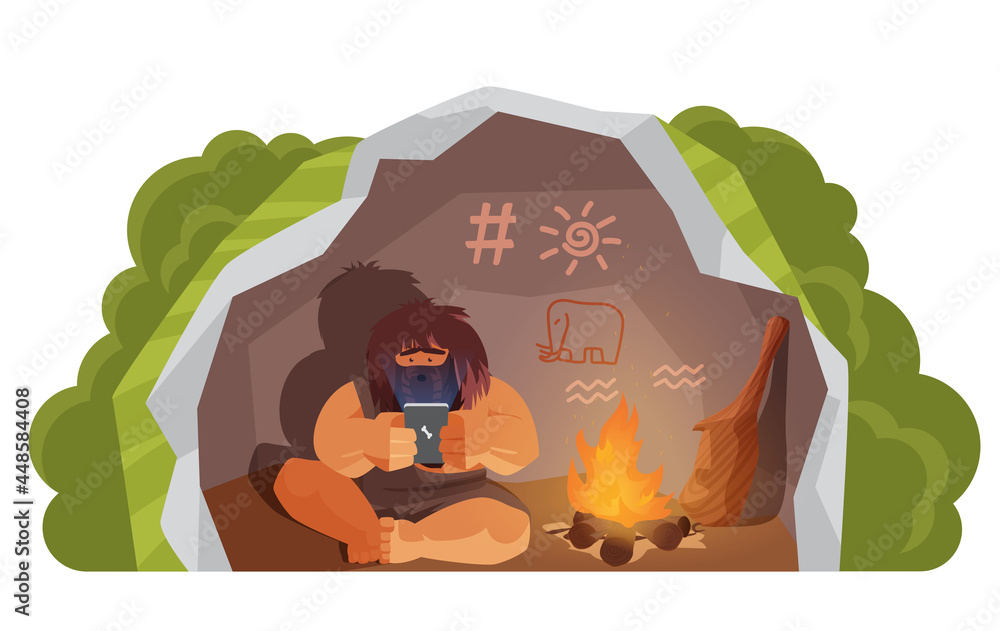 Stone age primitive man holding mobile phone modern technology vector ...