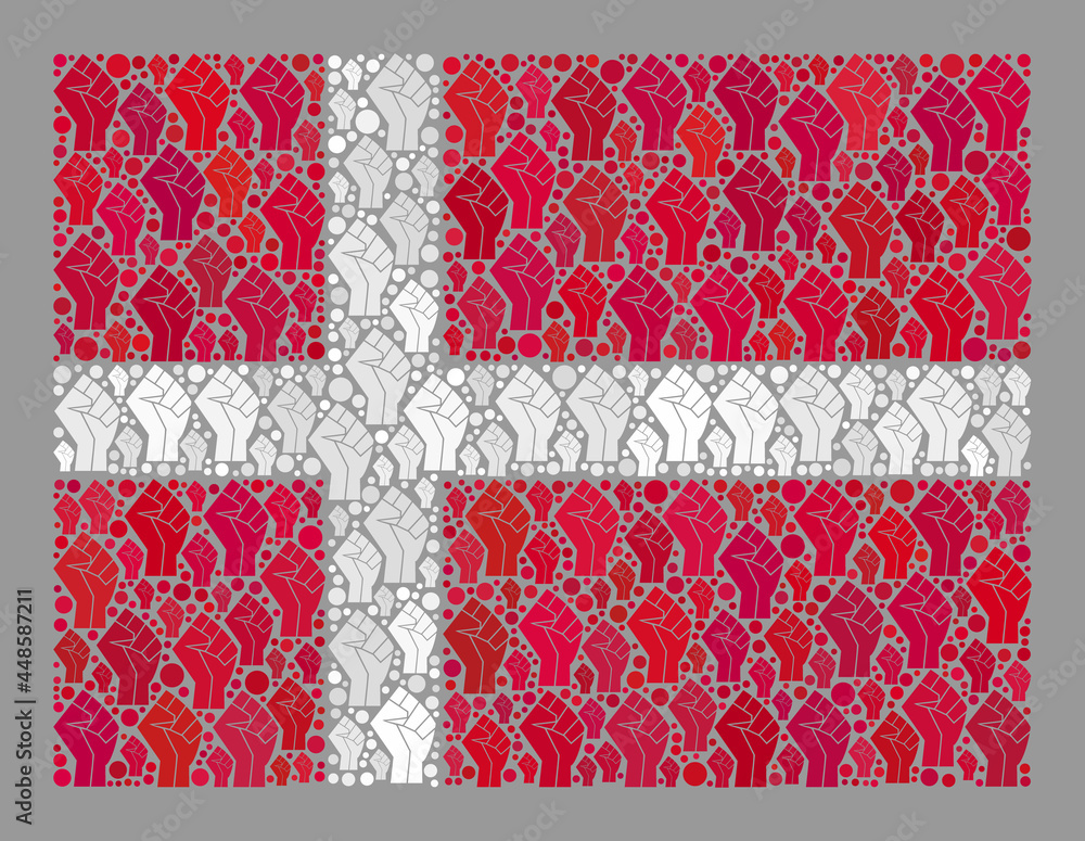 Mosaic rectangular Denmark flag designed of protest items. Strike hand ...