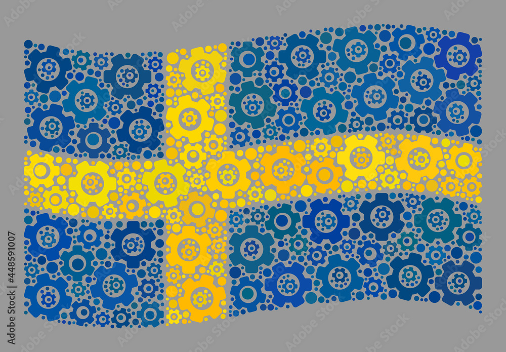 Mosaic waving Sweden flag designed with transmission icons. Vector cog ...