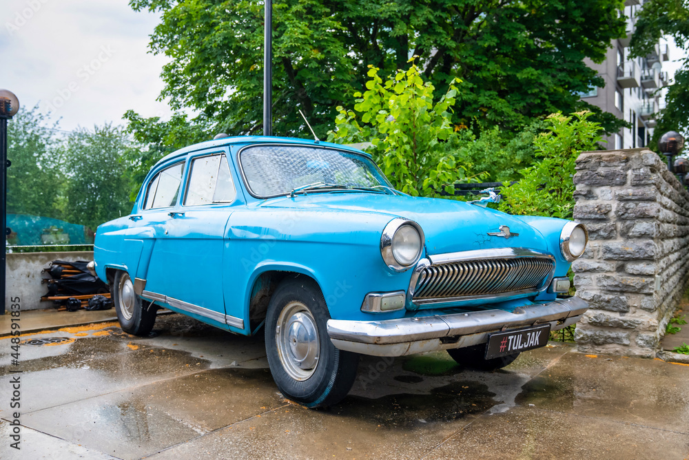 Tver, Russia - May 25, 2021: Close-up view of the old russian car GAZ ...