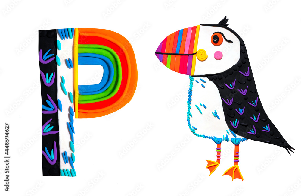 Cute cartoon handmade puffin bird illustration with a letter P abc ...