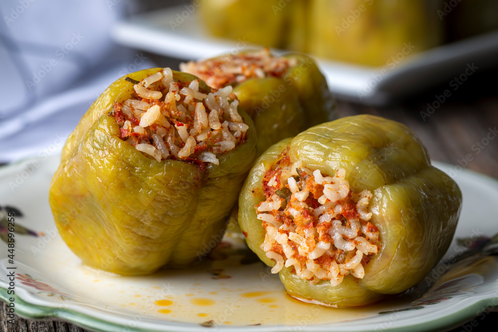 Traditional delicious Turkish food; stuffed bell peppers with meat ...
