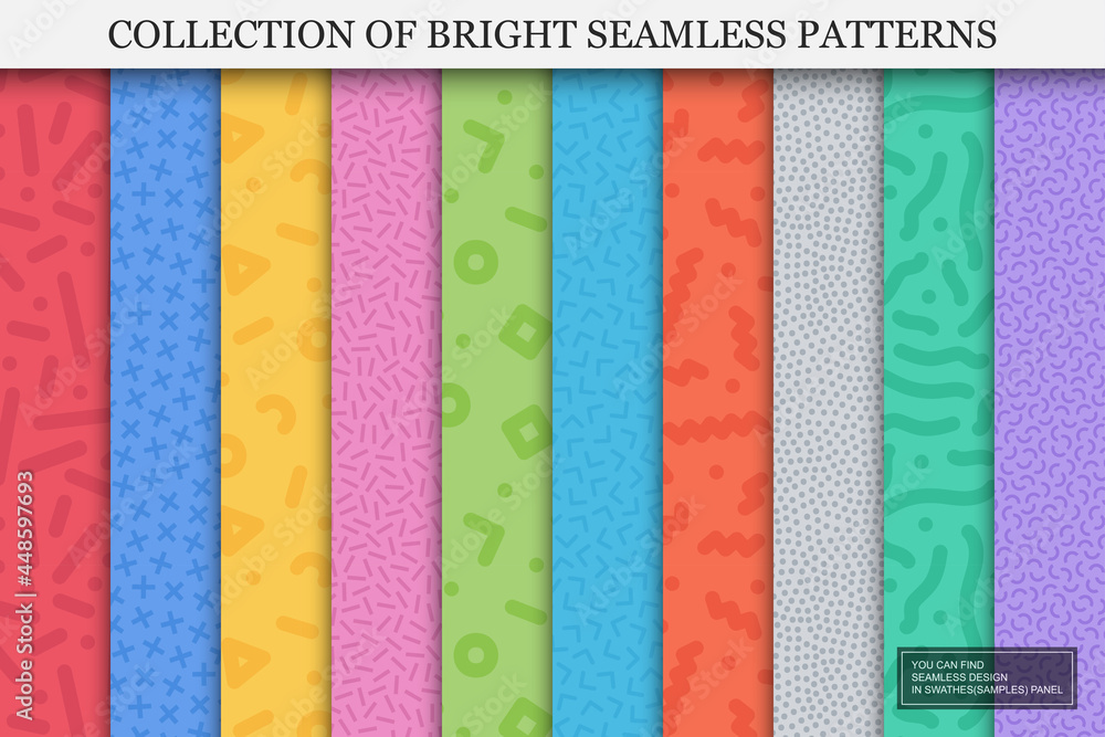 Collection of bright colorful seamless patterns. Creative trendy ...