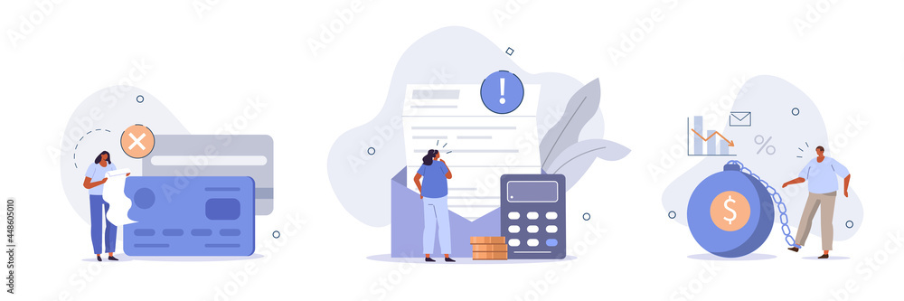 Characters having financial problems, debts and loans. People holding ...