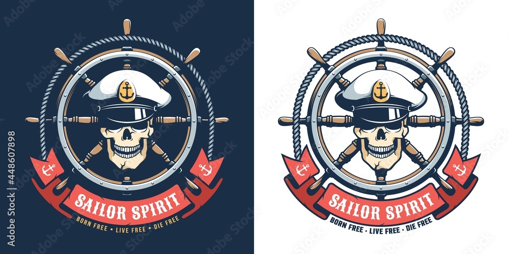 Captain seaman retro logo - skull with ship helm. Vintage seafarer ...