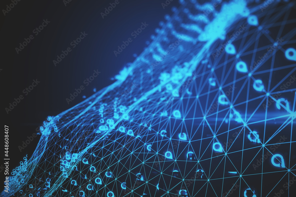 Abstract glowing digital mesh with map markers on blue background. Geo ...