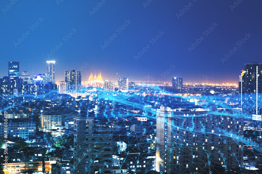 Creative glowing digital mesh with map markers on illuminated night ...