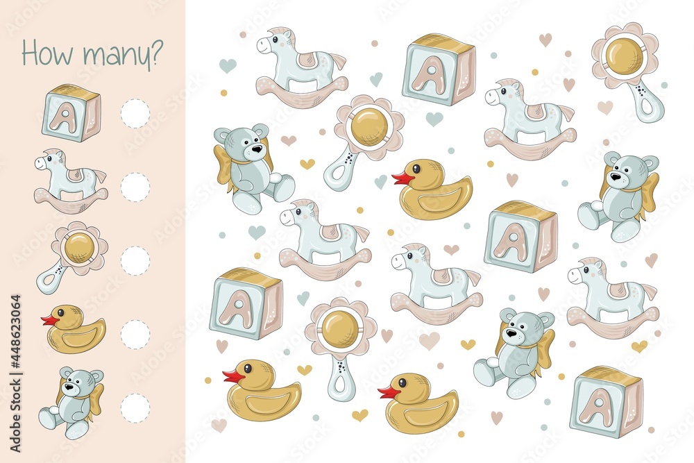 Toys. Mini game for kids. How many toys on picture? Counting for ...