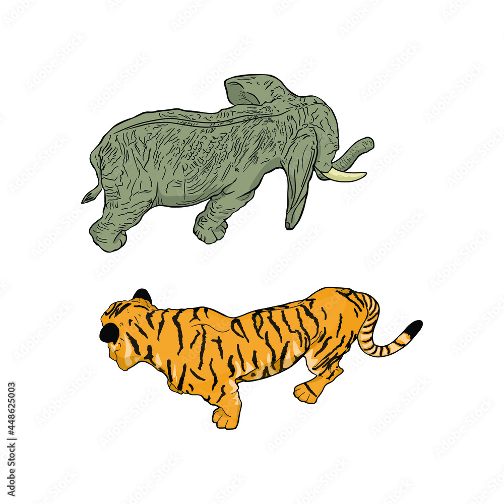 Isolated vector illustration of a tiger and an elephant on a white ...