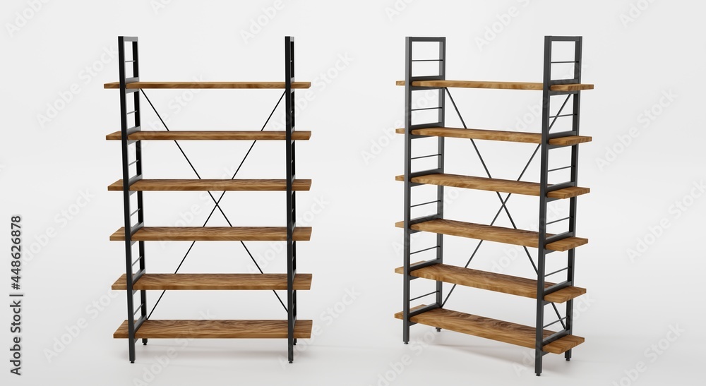Wooden shelving with metal base, front and angle view. Empty rack in ...