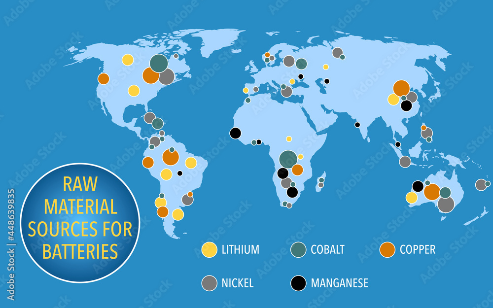 Map of raw material sources for battery production around the world ...