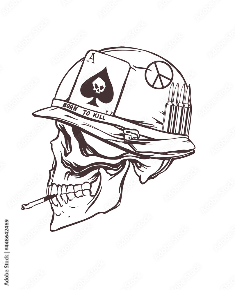 Drawing of the skull of an American soldier in the Vietnam War. Vector ...