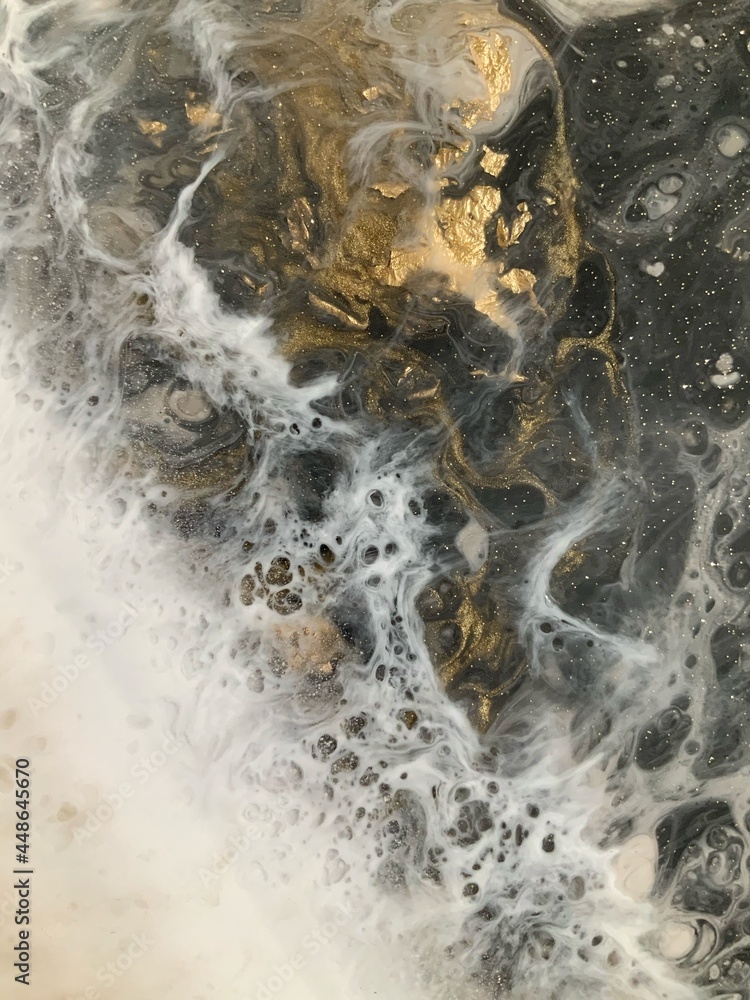Abstract painting, pour epoxy resin, beige, black,gold and white color ...
