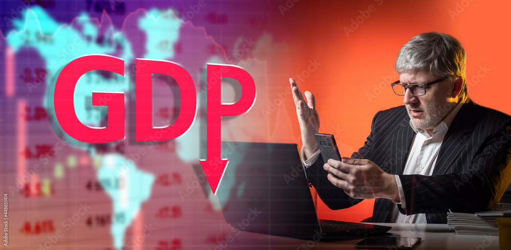 Economist is frustrated by fall in GDP. Man economist is angry. Logo of ...