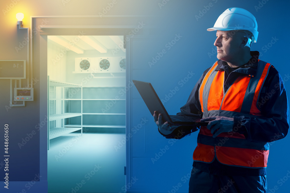 Man near warehouse refrigerator. Man near industrial refrigerator ...