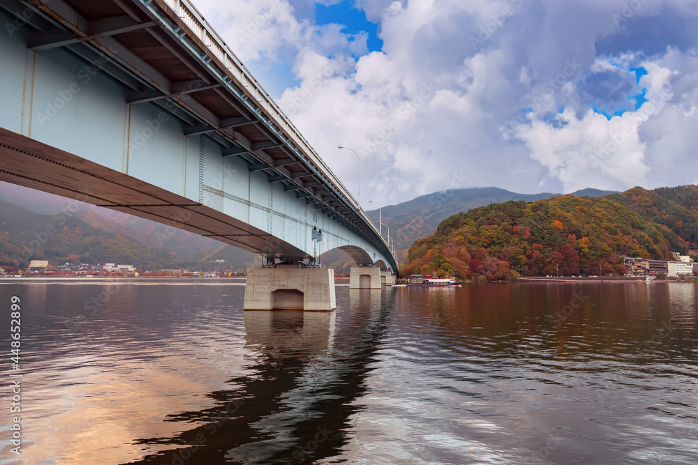 Kawaguchiko Lake in Japan. Bridge across lake Kawaguchiko. Five Fuji ...