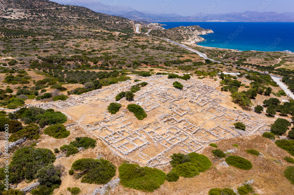 Aerial drone view of the ancient Minoan ruins at Gournia on the Greek ...