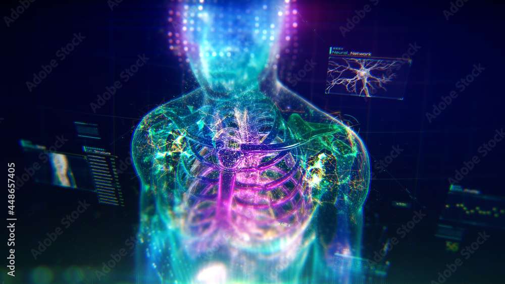 Colorful Human Body animation with infographics and particles showing ...