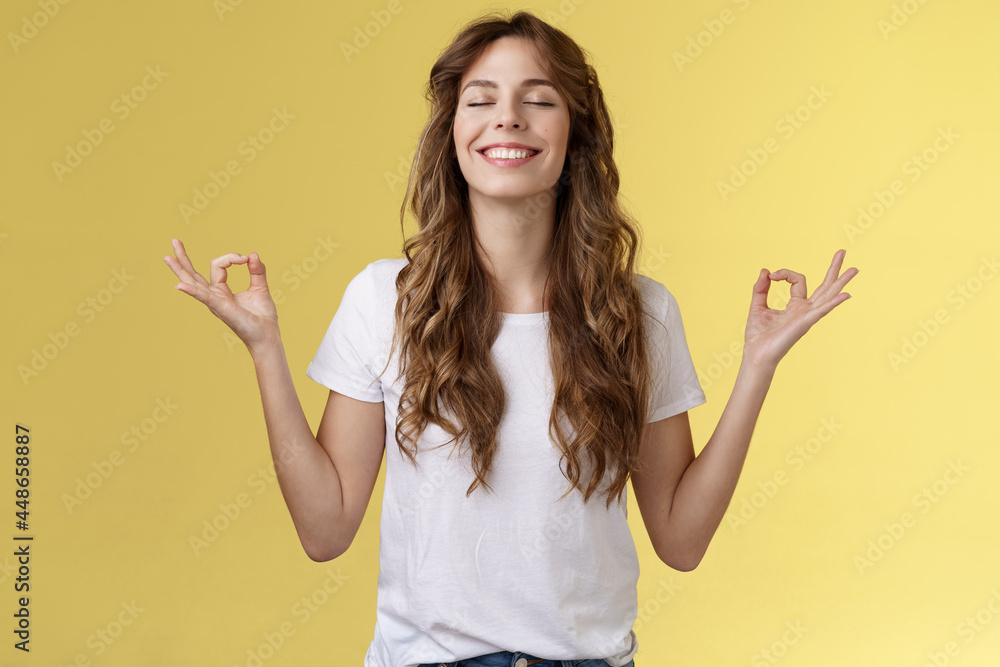Patience, happiness, wellbeing. Cheerful relieved attractive peaceful ...