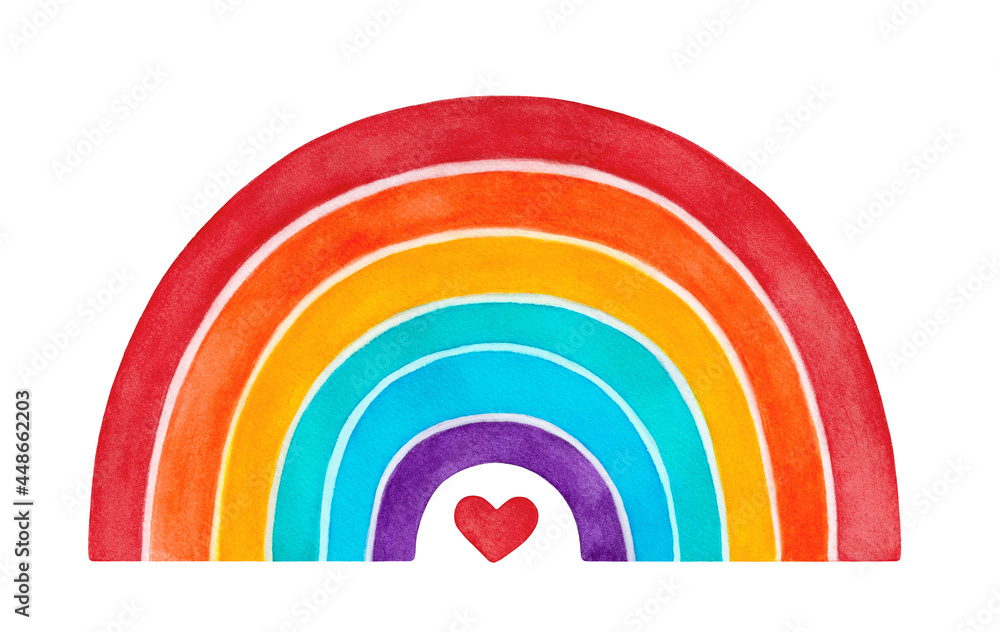 Watercolor rainbow decorated with cute little love heart. Hand painted ...