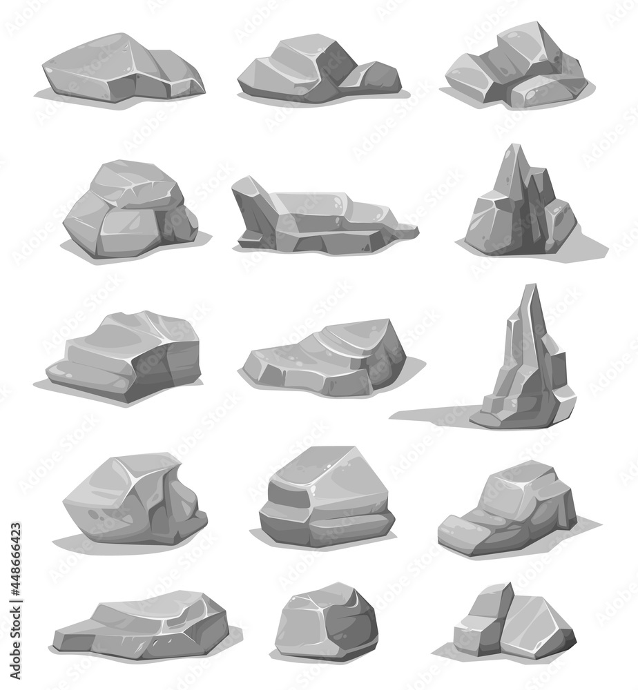 Cartoon rock stones and boulders. Grey rubble, gravel or cobble vector ...