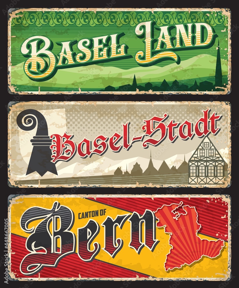 Basel Land, Basel-Stadt and Bern Swiss cantons plates. Vector vintage ...