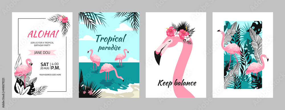Flamingo posters. Tropical banners and birthday invitation to summer ...