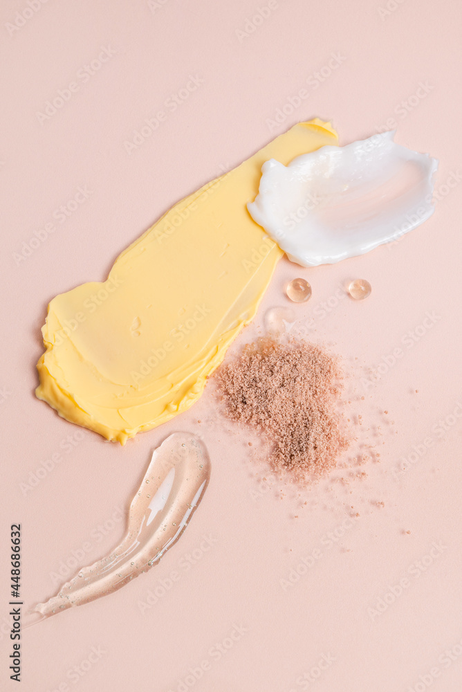 Composition of various cosmetic creams on a beige background. Skin care ...