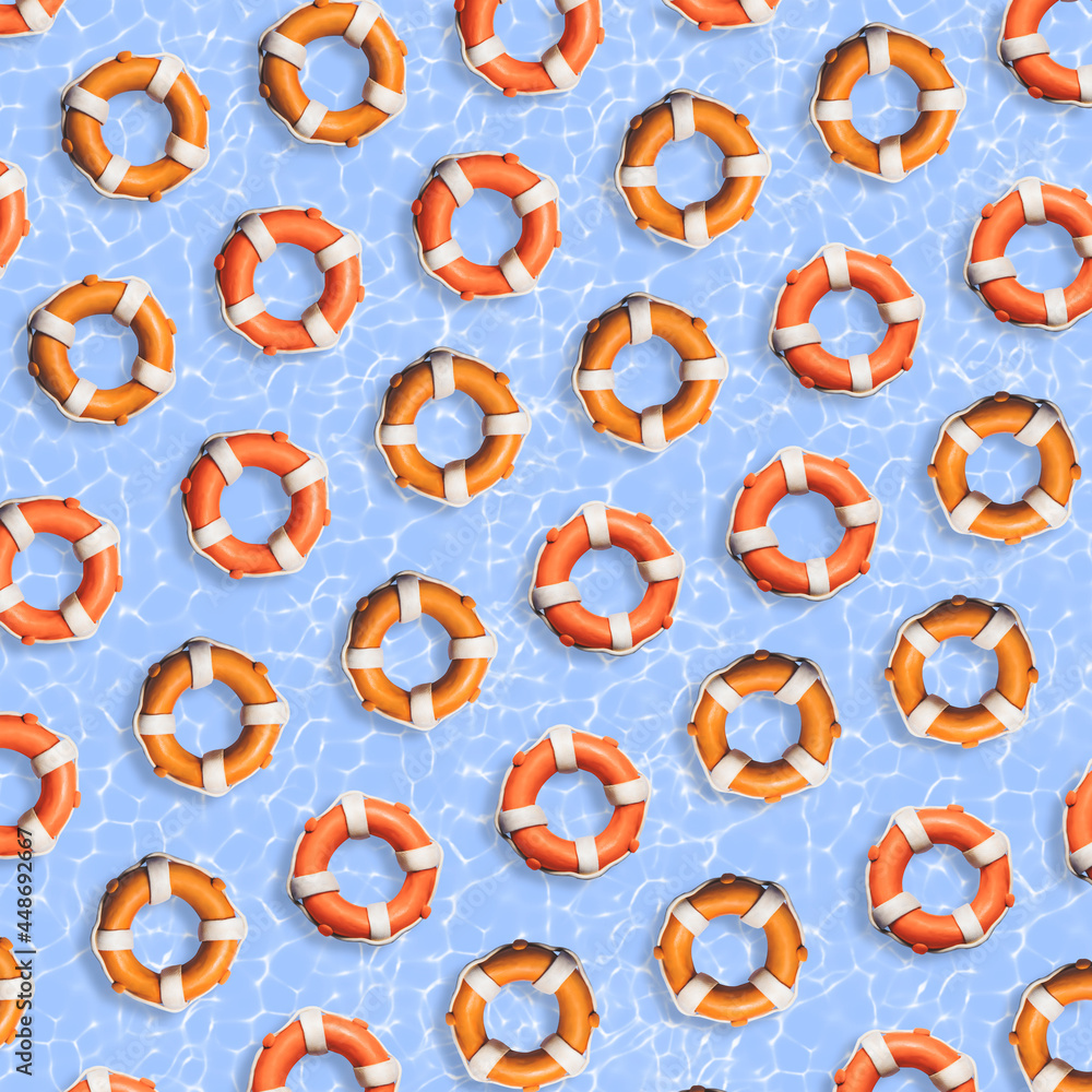 Plasticine modeling clay sea red and orange lifebuoy with shadow under ...