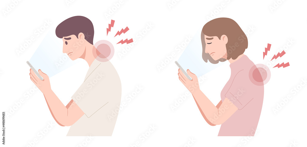 Illustration of bad smartphone using postures cause of neck and ...