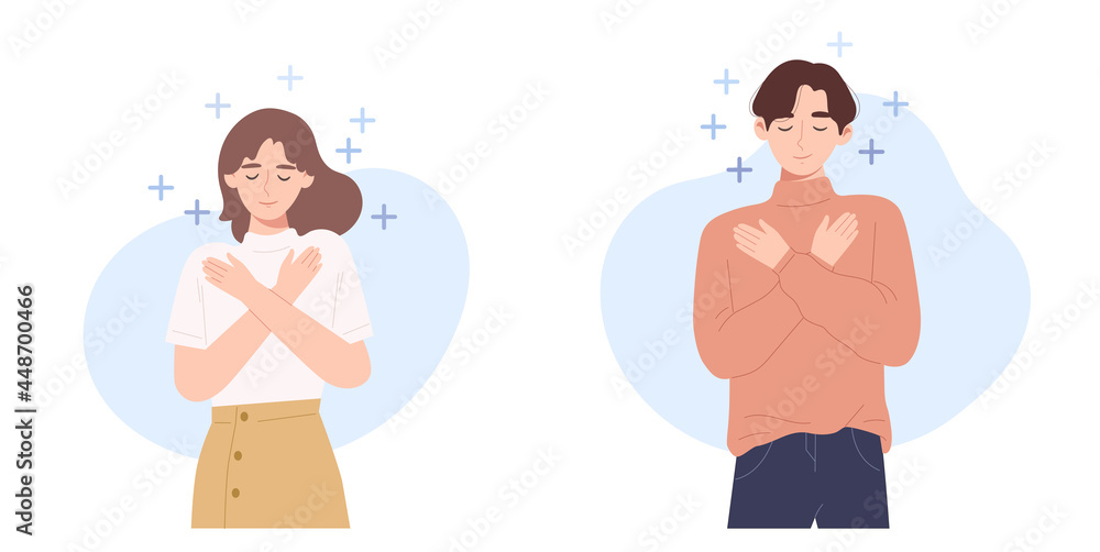 Set of young man and woman embracing themselves with positive energy ...