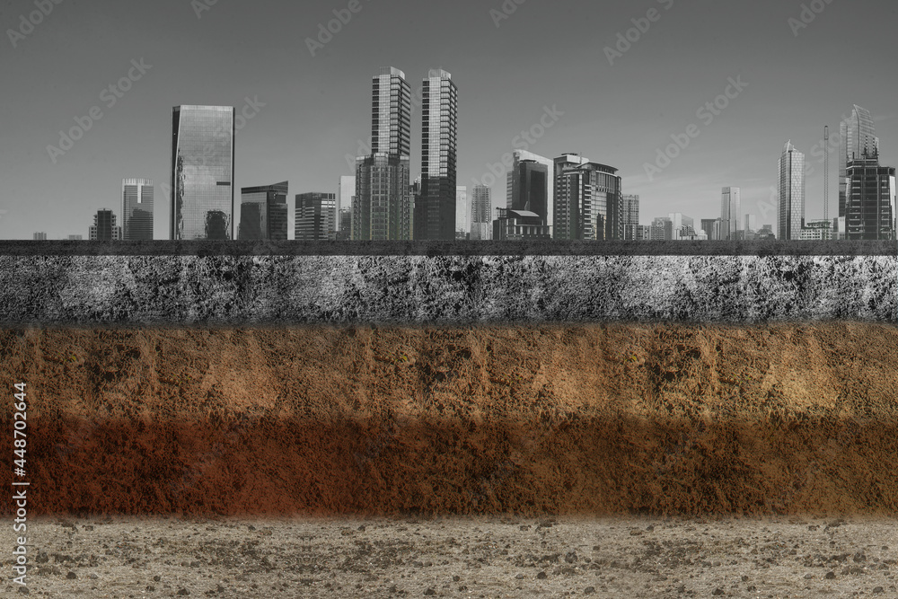 Underground soil layer of cross-section earth with concrete on the top ...
