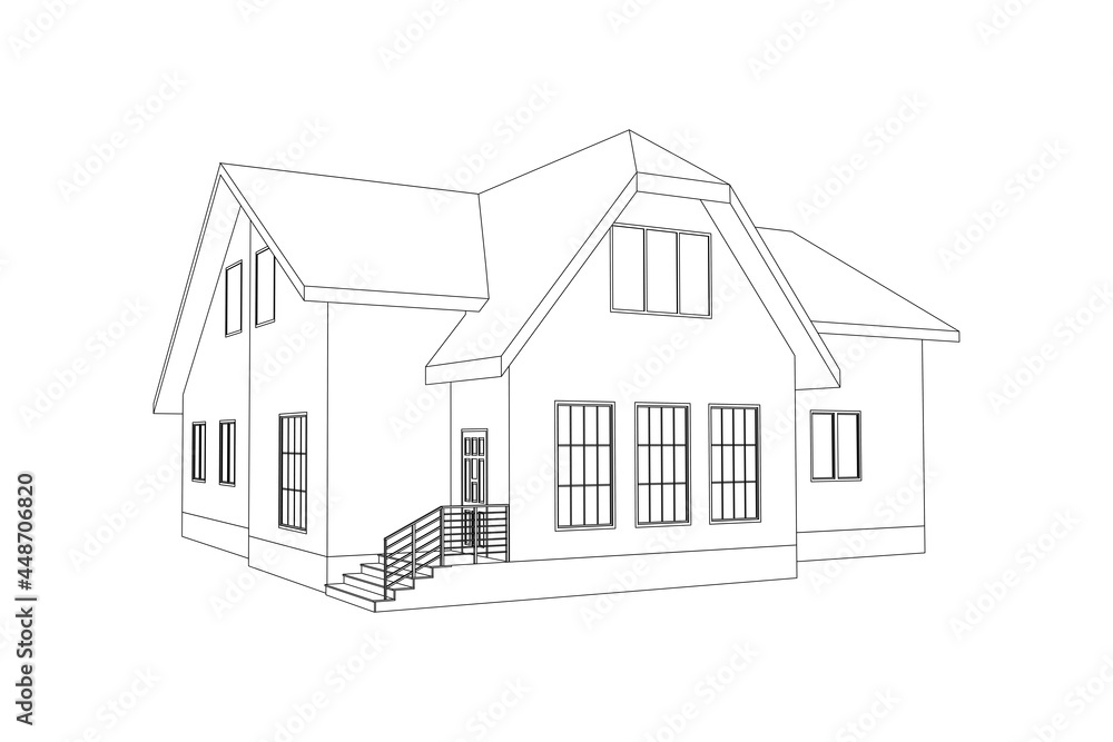3D suburban house model. Drawing of the modern building. Cottage ...