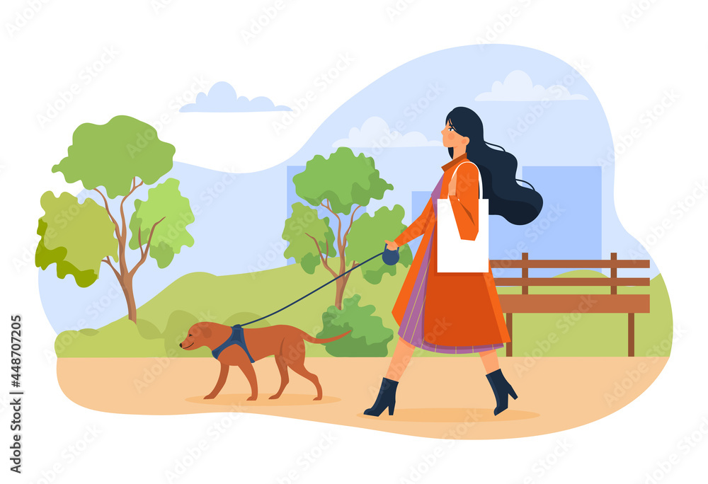 Vetor de Beautiful female character is walking with dog in the city ...