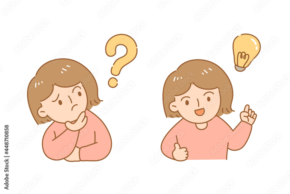 Cute doodle style girl in doubt and discovery action with question mark ...