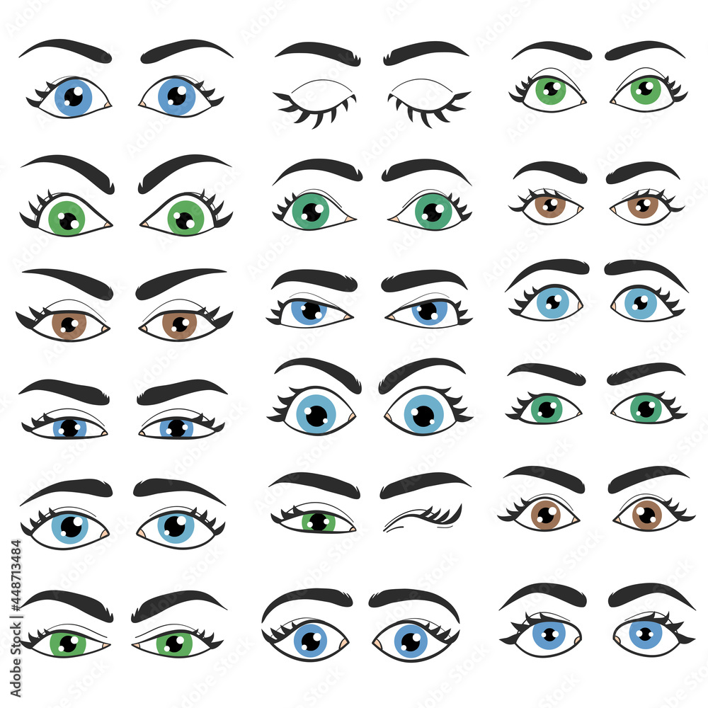 big set of different emotions eyes with eyebrows for face design on ...