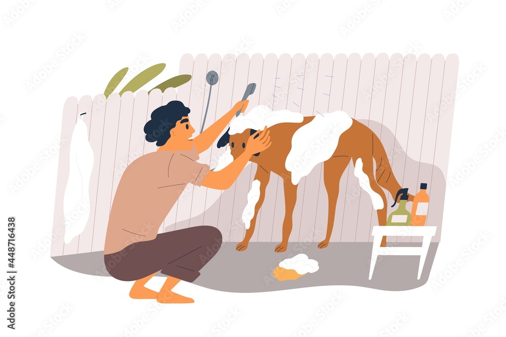 Pet owner washing dog with soap and shampoo, cleaning hairs. Person ...