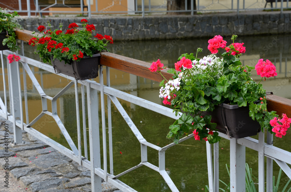 seafront with metal railings and plastic boxes attached to the handrail ...