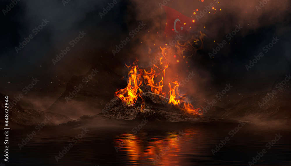 Fantasy futuristic night landscape with abstract mountains. Night fire ...