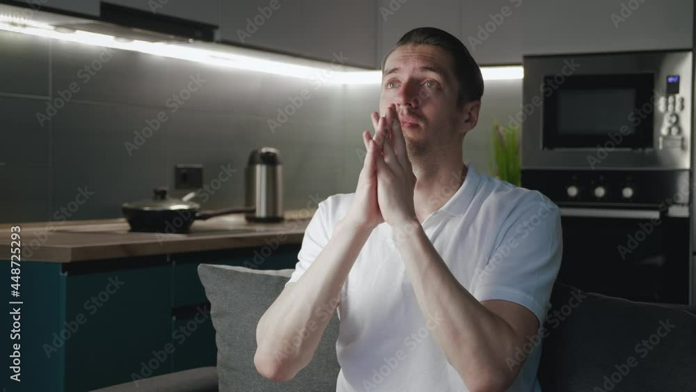 Sad man asking for help about problem, praying to God. Religious male ...