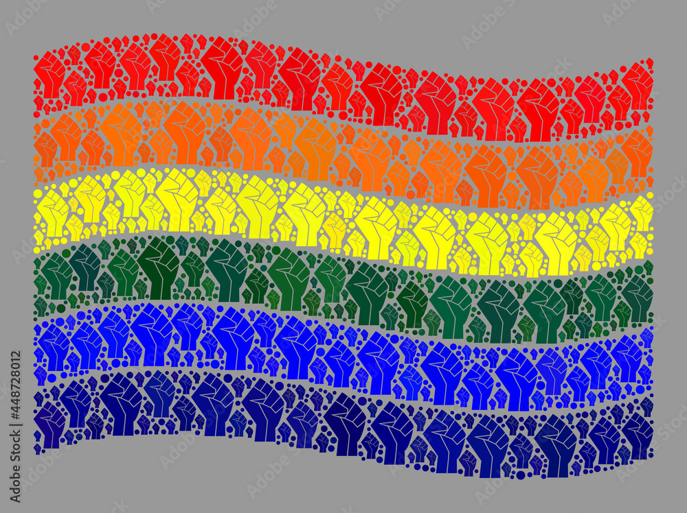 Mosaic waving LGBT flag constructed of riot hand icons. Riot hand ...