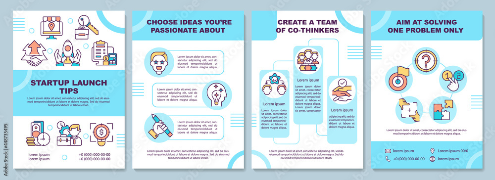 Startup launch tips brochure template. Create a team. Choose idea ...