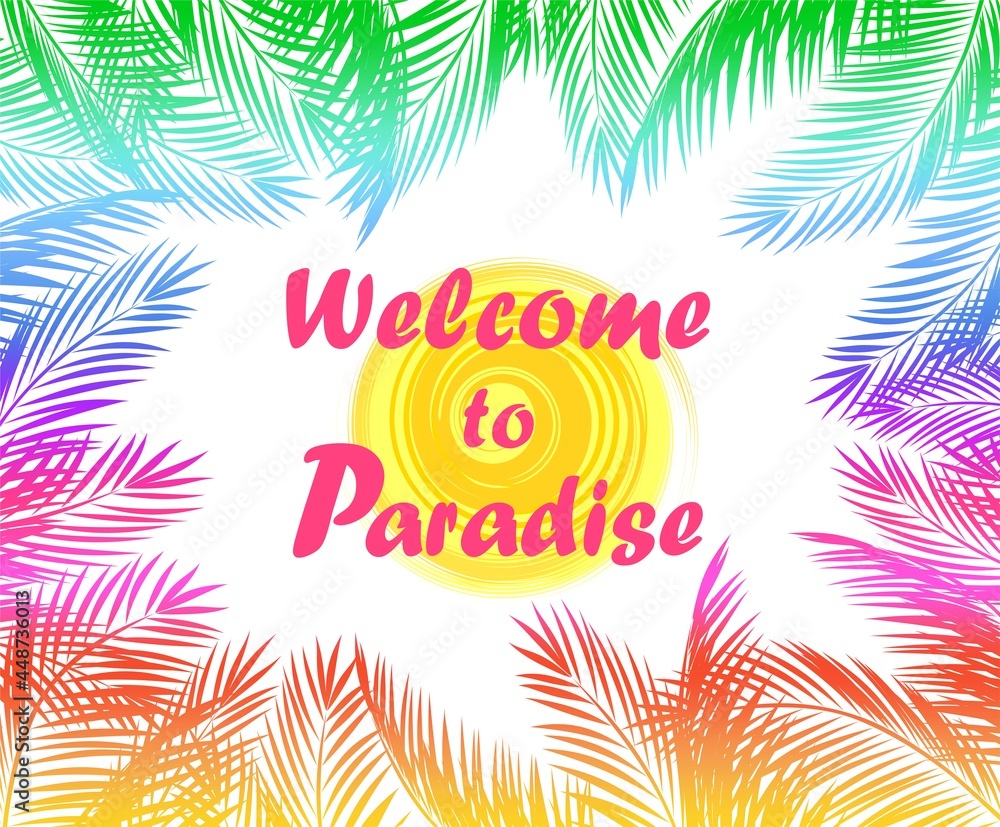 Summery print with colorful fan-leaved palm branches frame, sun and ...