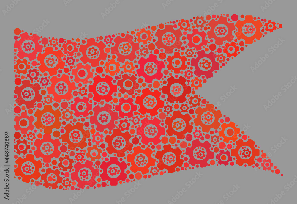 Mosaic waving red guidon flag designed of engineering icons. Vector cog ...