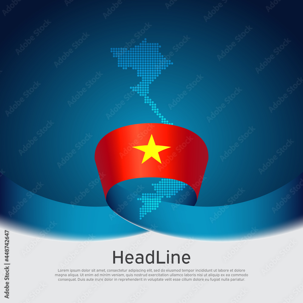 Vietnam flag, mosaic map on blue white background. Wavy ribbon with ...