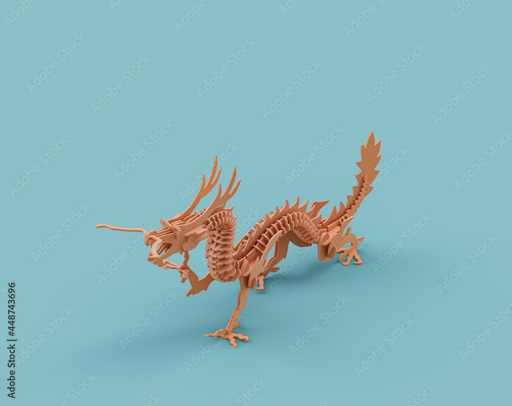 Isometric flat orange color wooden dragon toy in single color turquoise ...