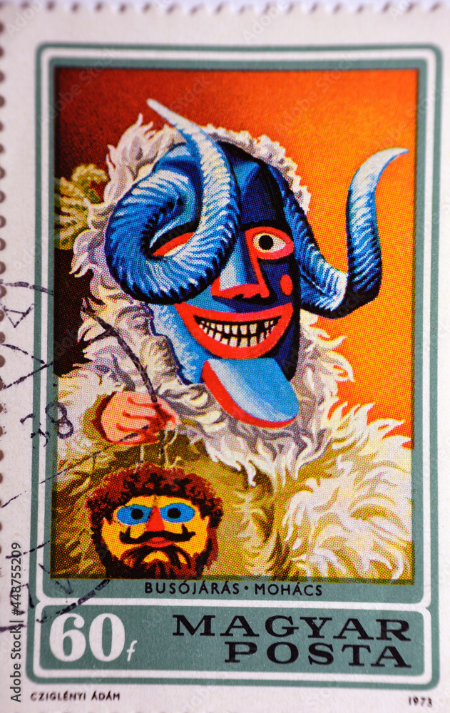 A postage stamp printed in Hungary, shows a Busojaras from town Mohacs ...