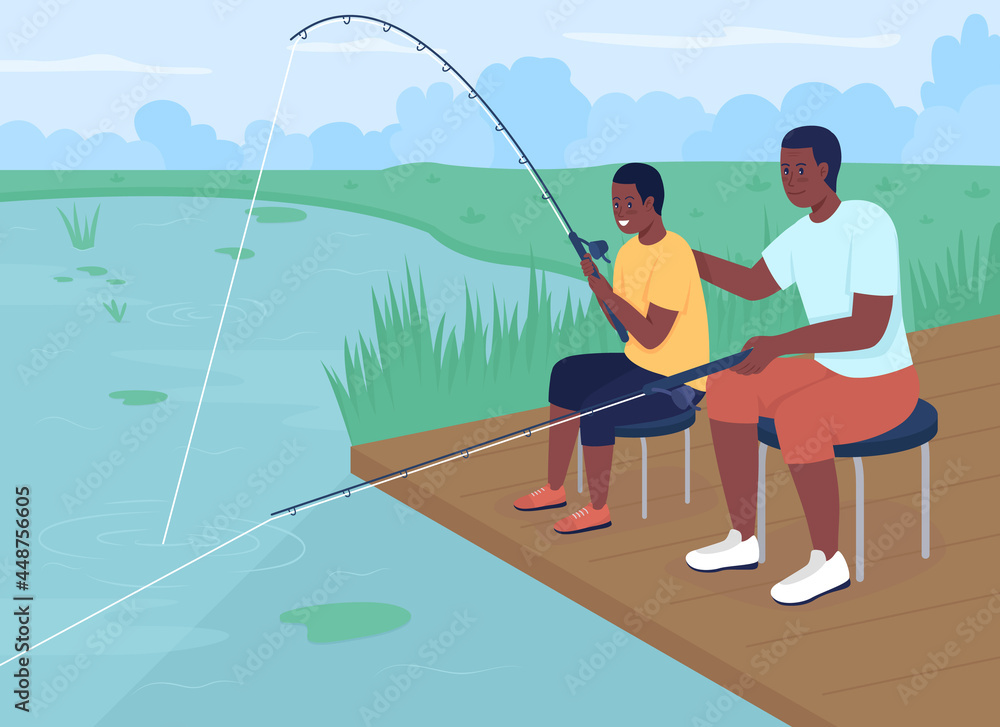 Fishing with dad flat color vector illustration. Summertime outdoor ...