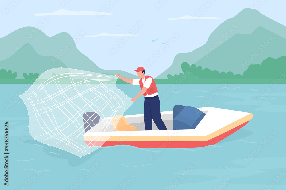 Net fishing from boat flat color vector illustration. Recreational ...