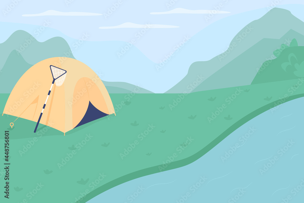 Riverside campground flat color vector illustration. Camp journey to ...